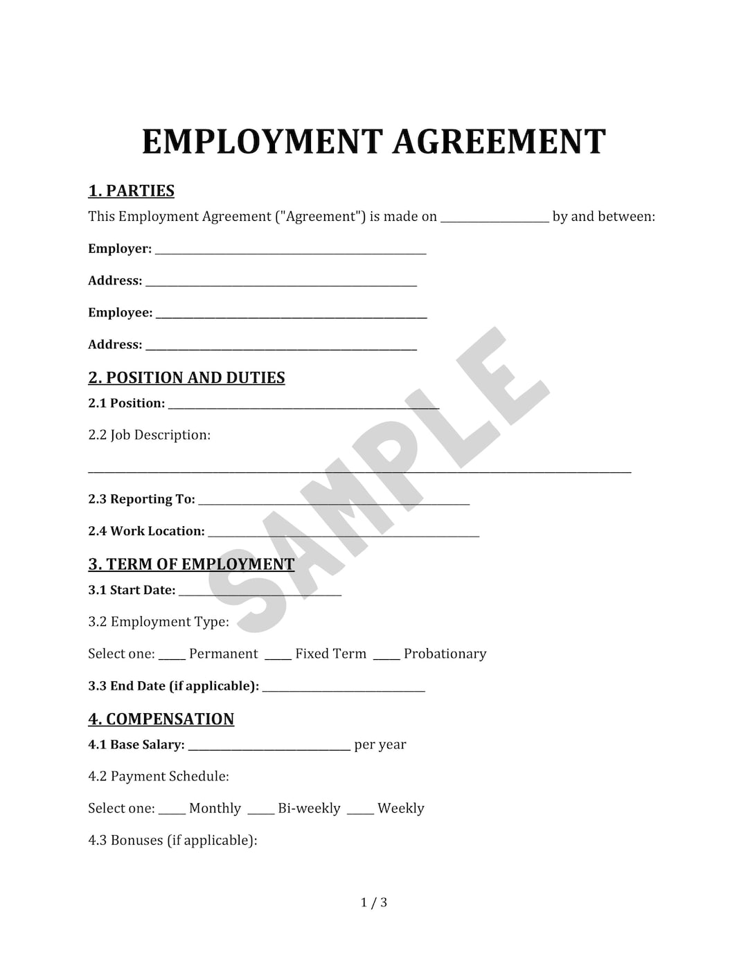 Employment Agreement - Work Contract Template | Business Forms | Job ...