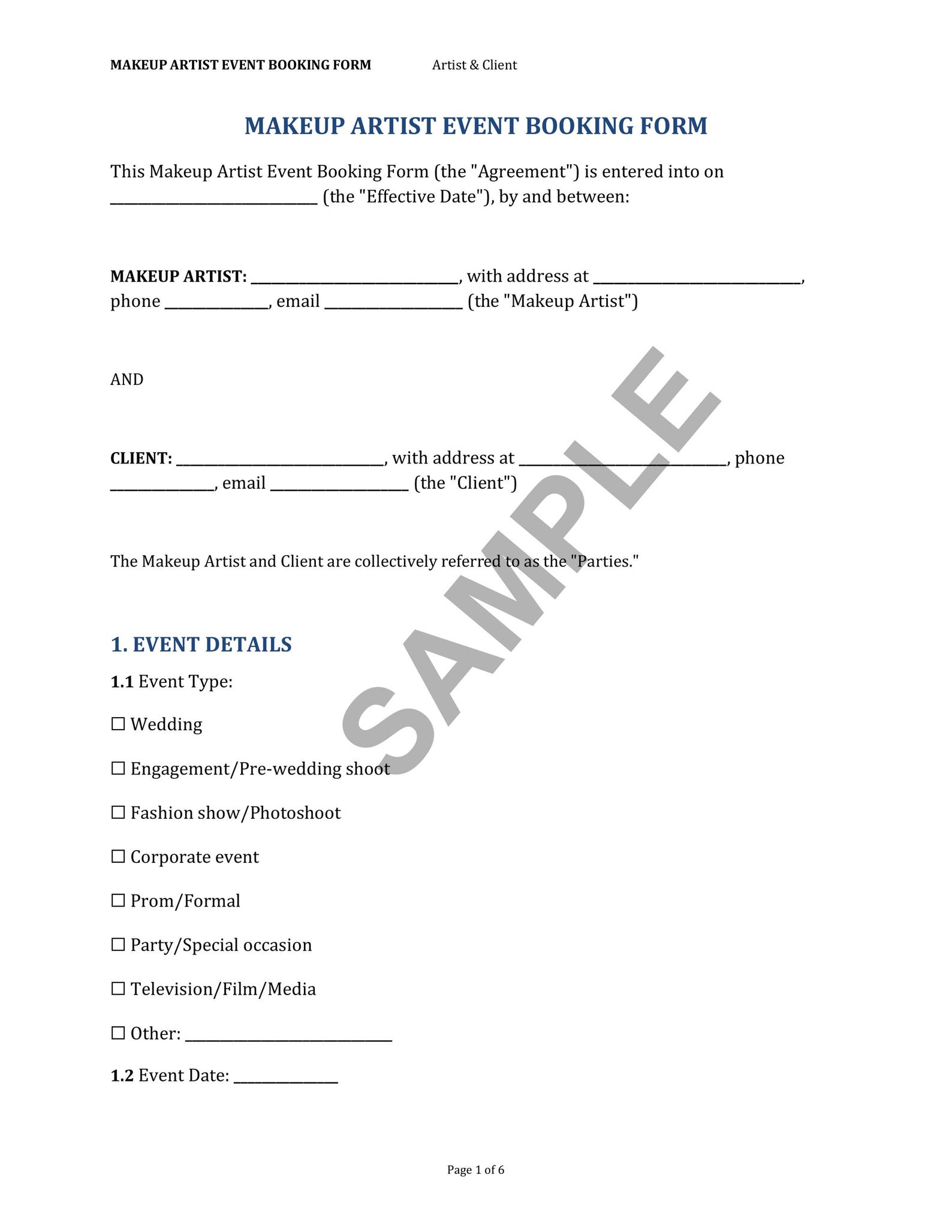 Makeup Artist Contract Form Template | Editable Word & PDF Booking Form ...