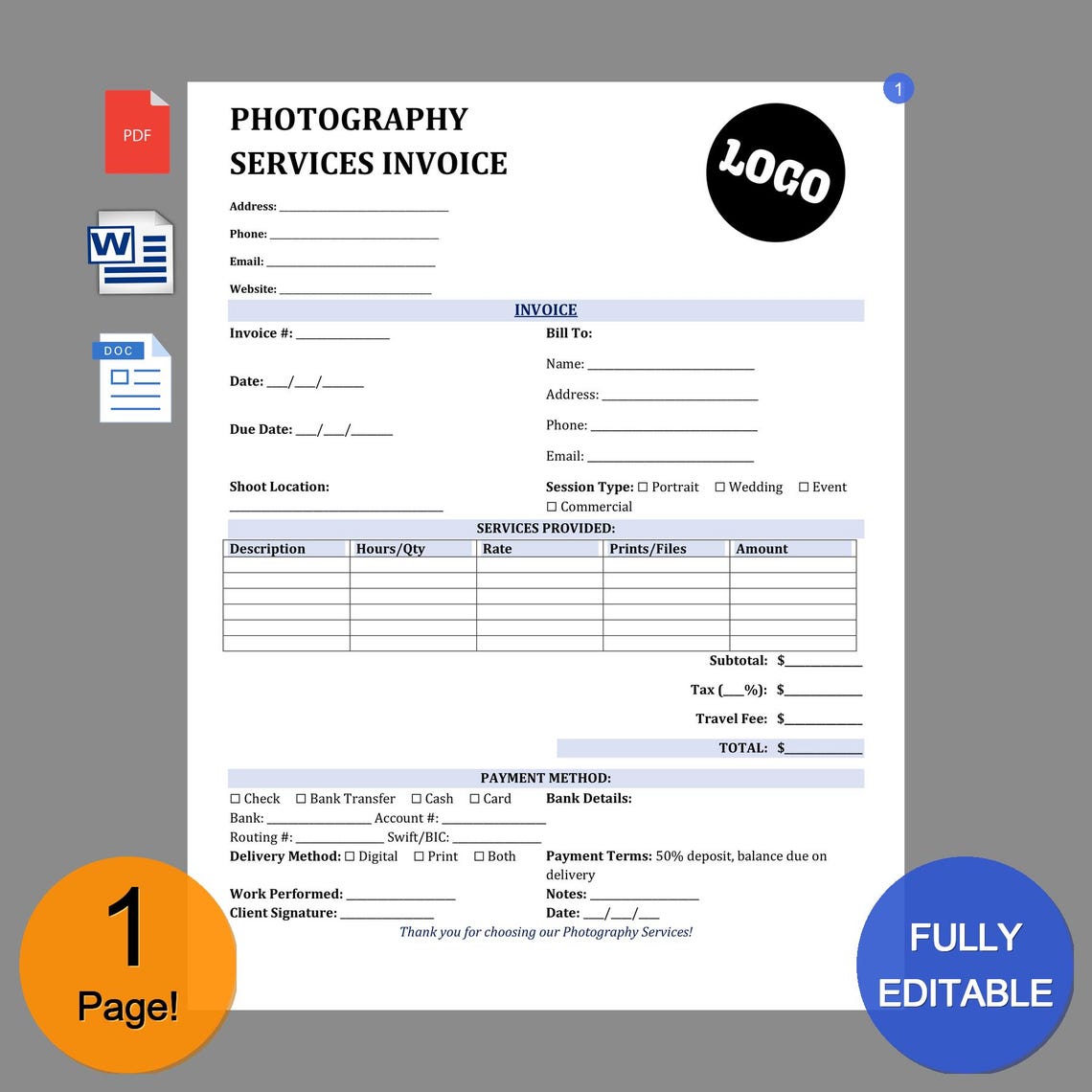 Photography Invoice Template Receipt Custom Logo | Editable in Word and ...