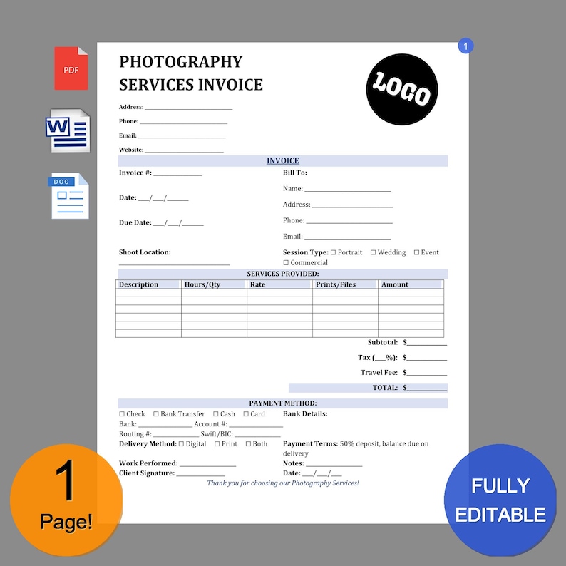 Photography Invoice Template Receipt Custom Logo | Editable in Word and ...