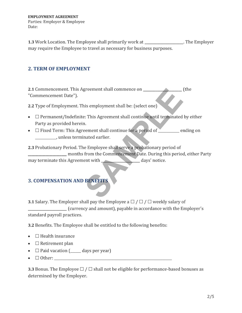 Editable Employment Agreement Template - Customizable Word & PDF for ...