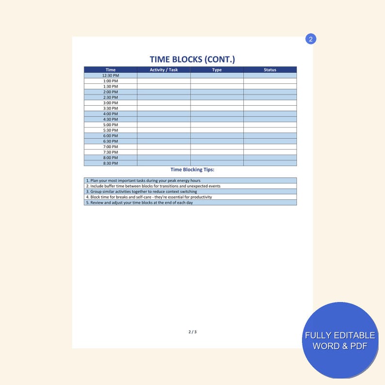 Time Blocking Planner Word and PDF, Daily Schedule Template | Printable ...