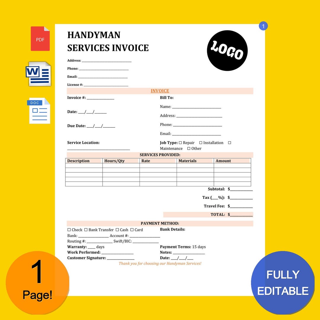 Handyman Services Invoice Template Custom Logo | Editable in Word and ...