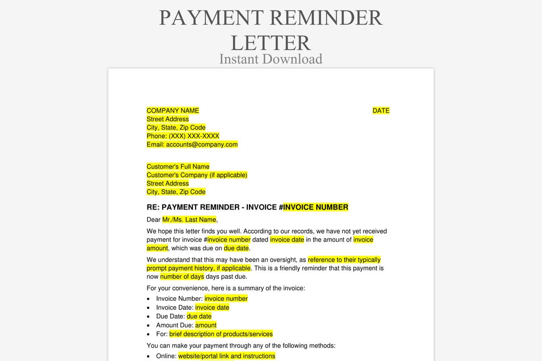 Payment Reminder Letter - Balance Reminder - Overdue Account - Late ...
