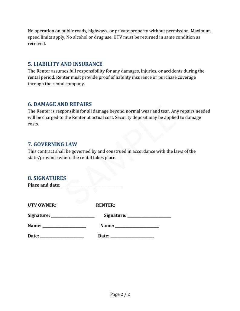 UTV Rental Contract Template. Printable Off-road Agreement. Editable ...