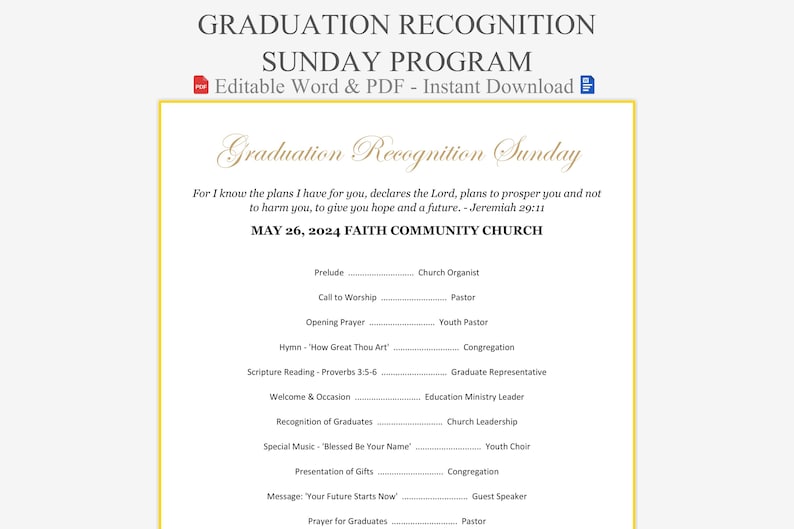 Graduation Recognition Sunday Program Template - Word & PDF Download - Etsy