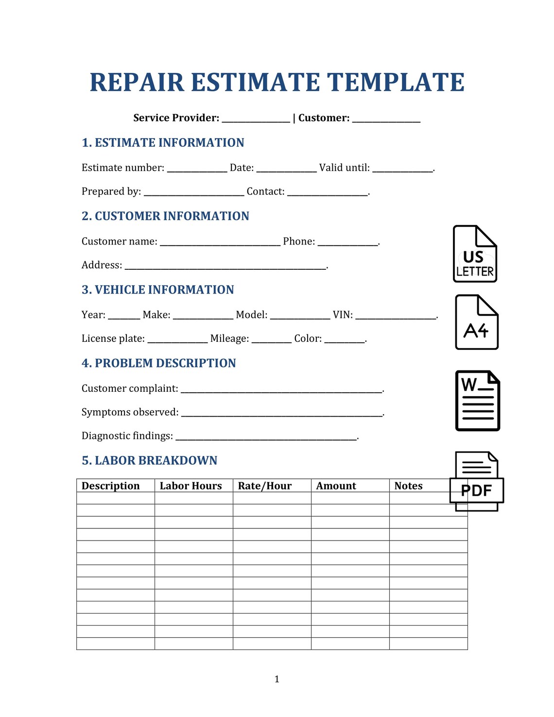 Repair Estimate Template Word PDF - Repair Quote, Estimate Terms ...