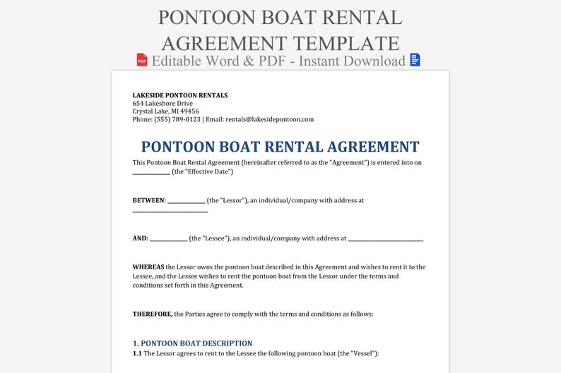 Pontoon Boat Rental Agreement Template. Printable Party Barge Lease ...