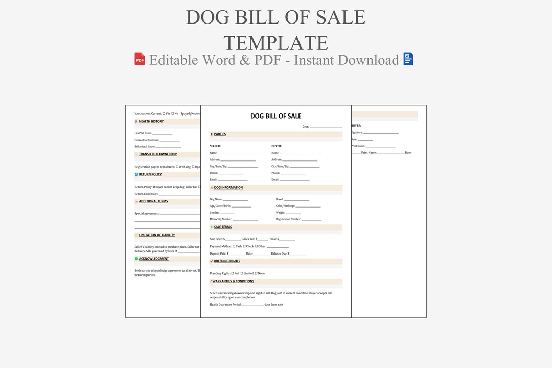 Dog Bill of Sale Template - Etsy