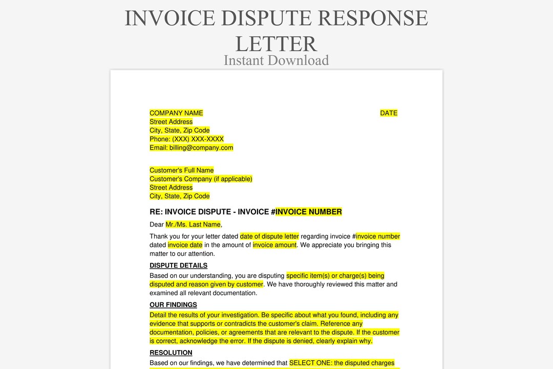 Invoice Dispute Response Letter - Billing Dispute - Invoice ...
