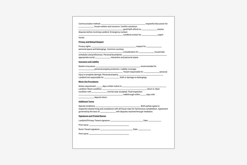 Room Rental Agreement Template, Shared Housing Contract, Boarder ...