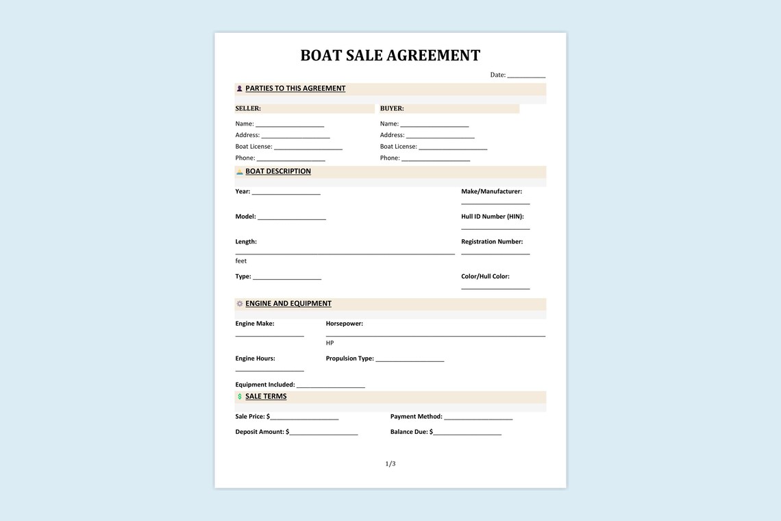 Simple Boat Purchase Agreement Template | Buying Contract Sample - Etsy