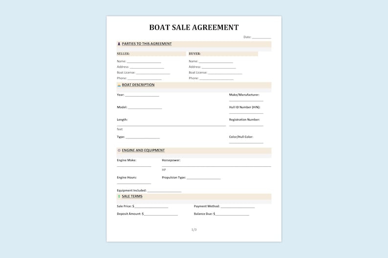Simple Boat Purchase Agreement Template | Buying Contract Sample - Etsy