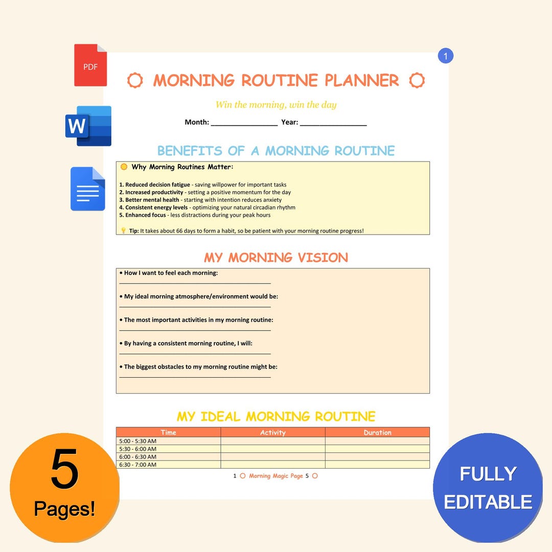 Morning Routine Planner Template | Editable in MS Word & PDF | Planner ...