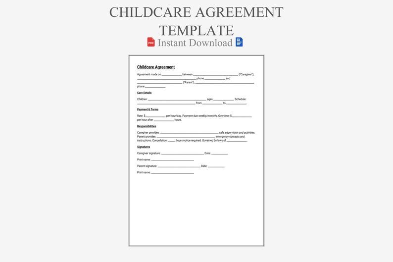 Simple One Page Childcare Agreement Template, Babysitting Contract ...