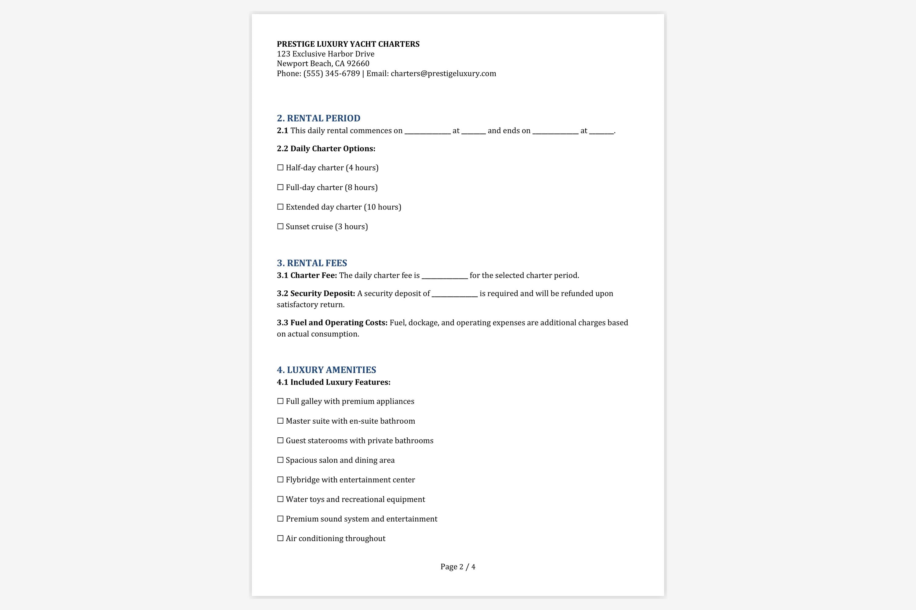 Luxury Yacht Daily Rental Agreement Template. Printable Daily Charter ...
