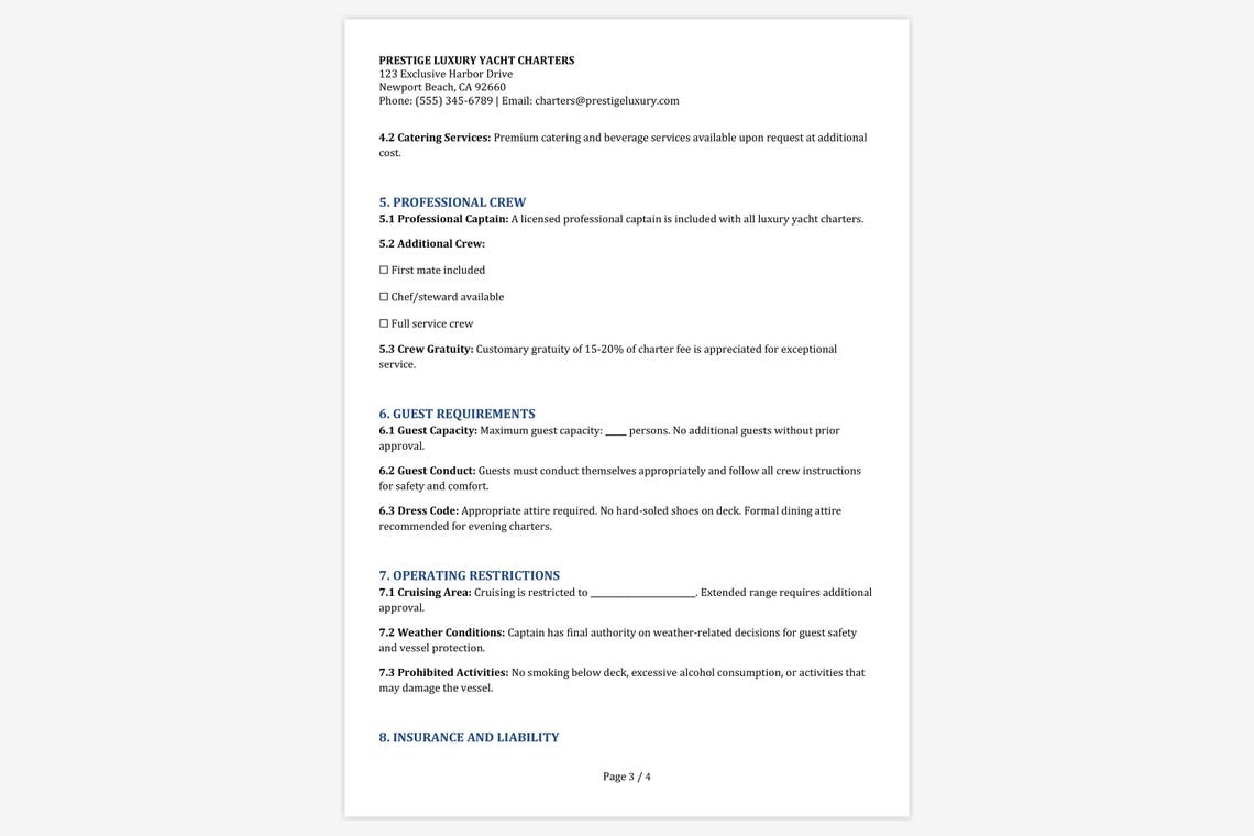 Luxury Yacht Daily Rental Agreement Template. Printable Daily Charter ...