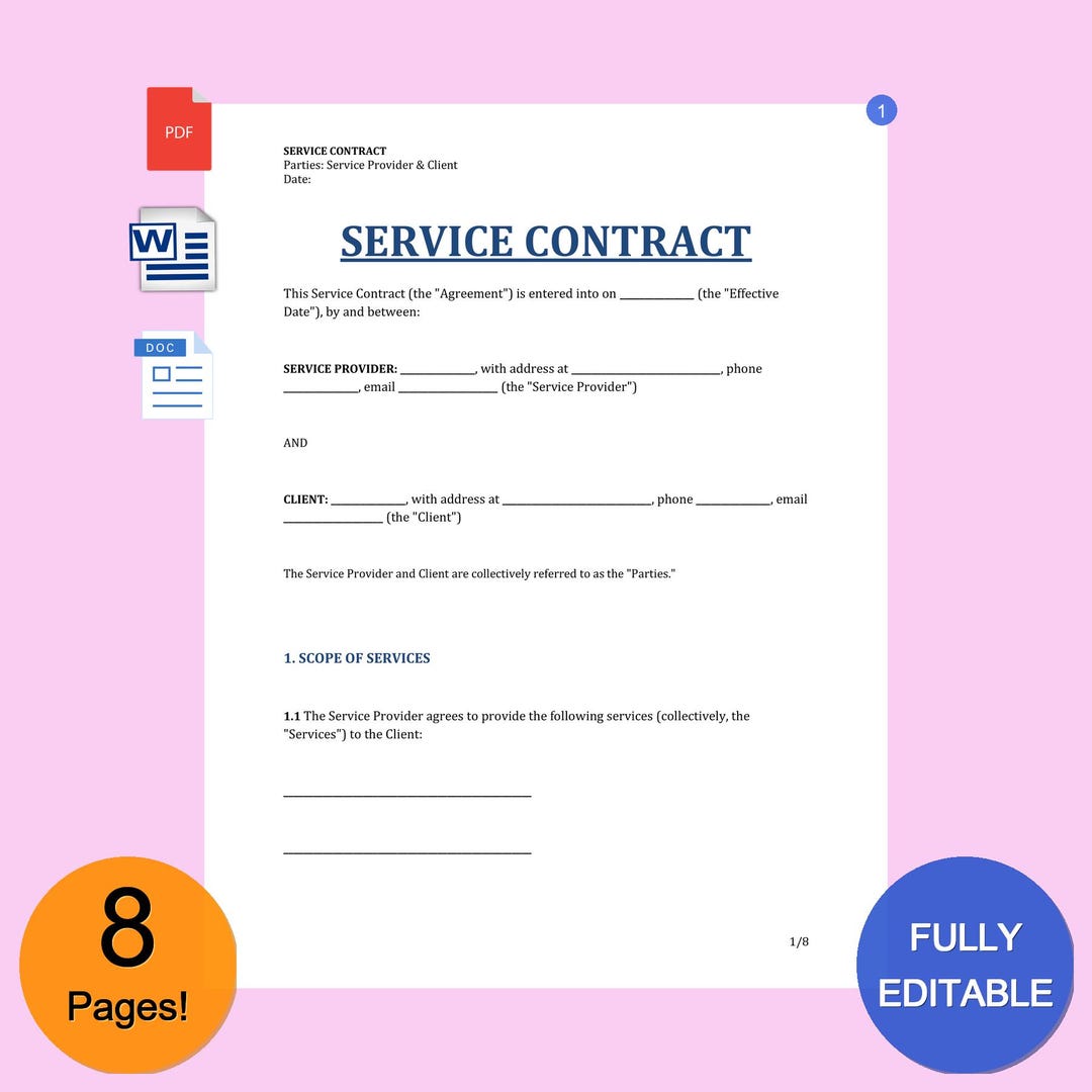 Printable Service Contract Template | Editable Work and Service ...