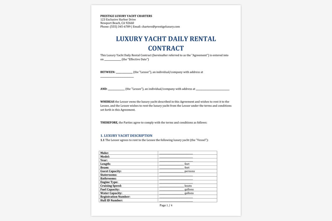 Luxury Yacht Daily Rental Agreement Template. Printable Daily Charter ...