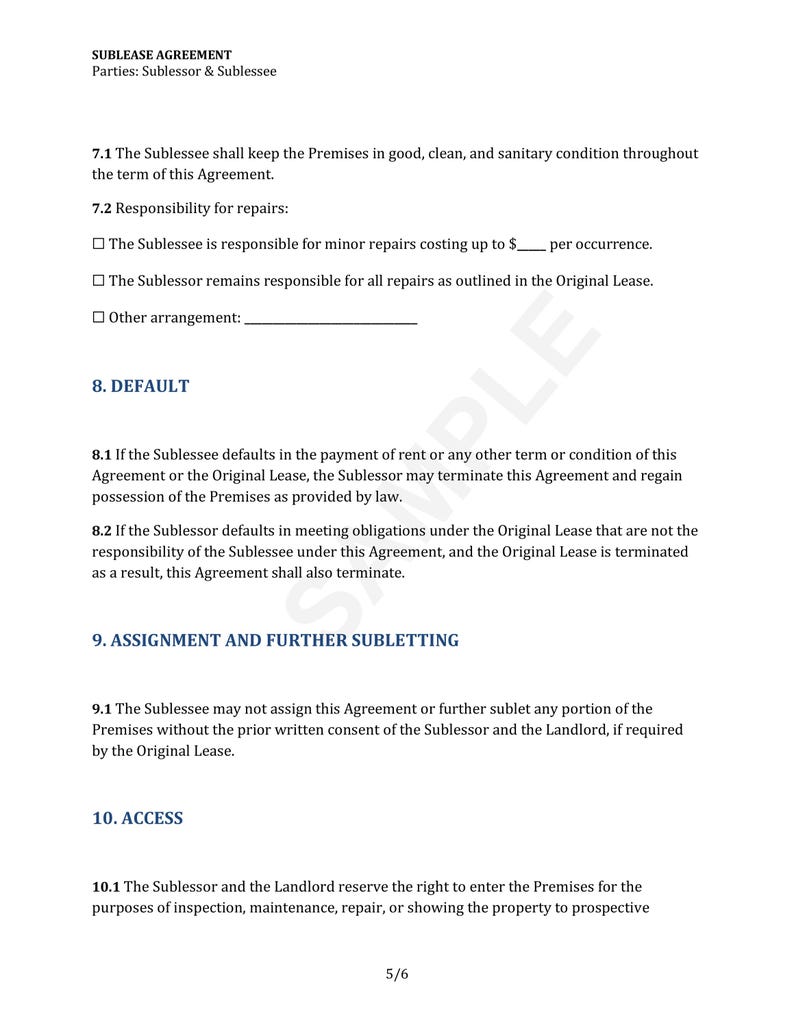Sublease Agreement Template Word PDF Download - Etsy