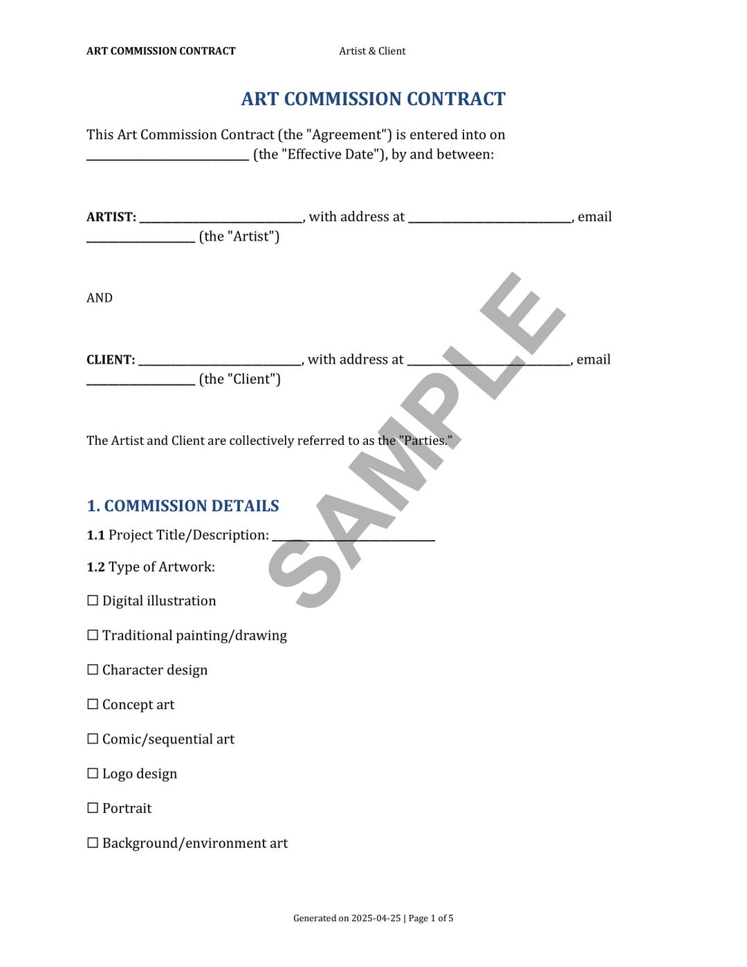 Art Commission Agreement Template | Editable Word & PDF Contract for ...