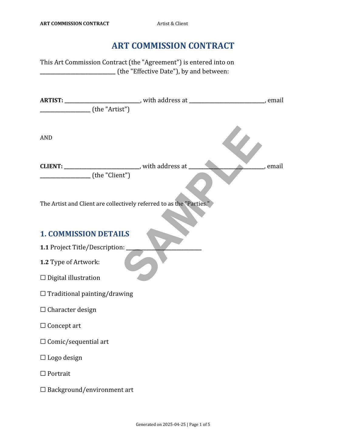 Art Commission Agreement Template | Editable Word & PDF Contract for ...