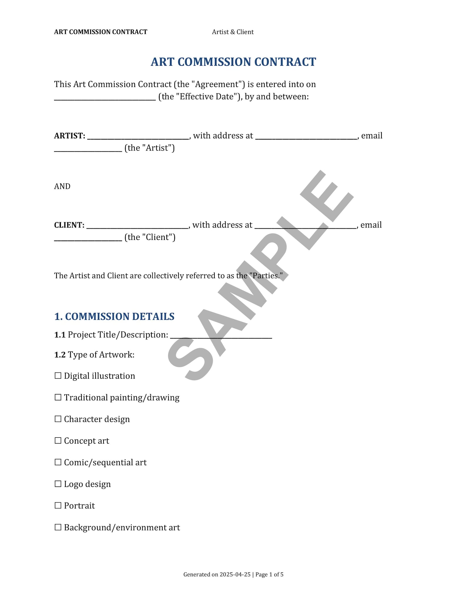 Art Commission Agreement Template | Editable Word & PDF Contract for ...
