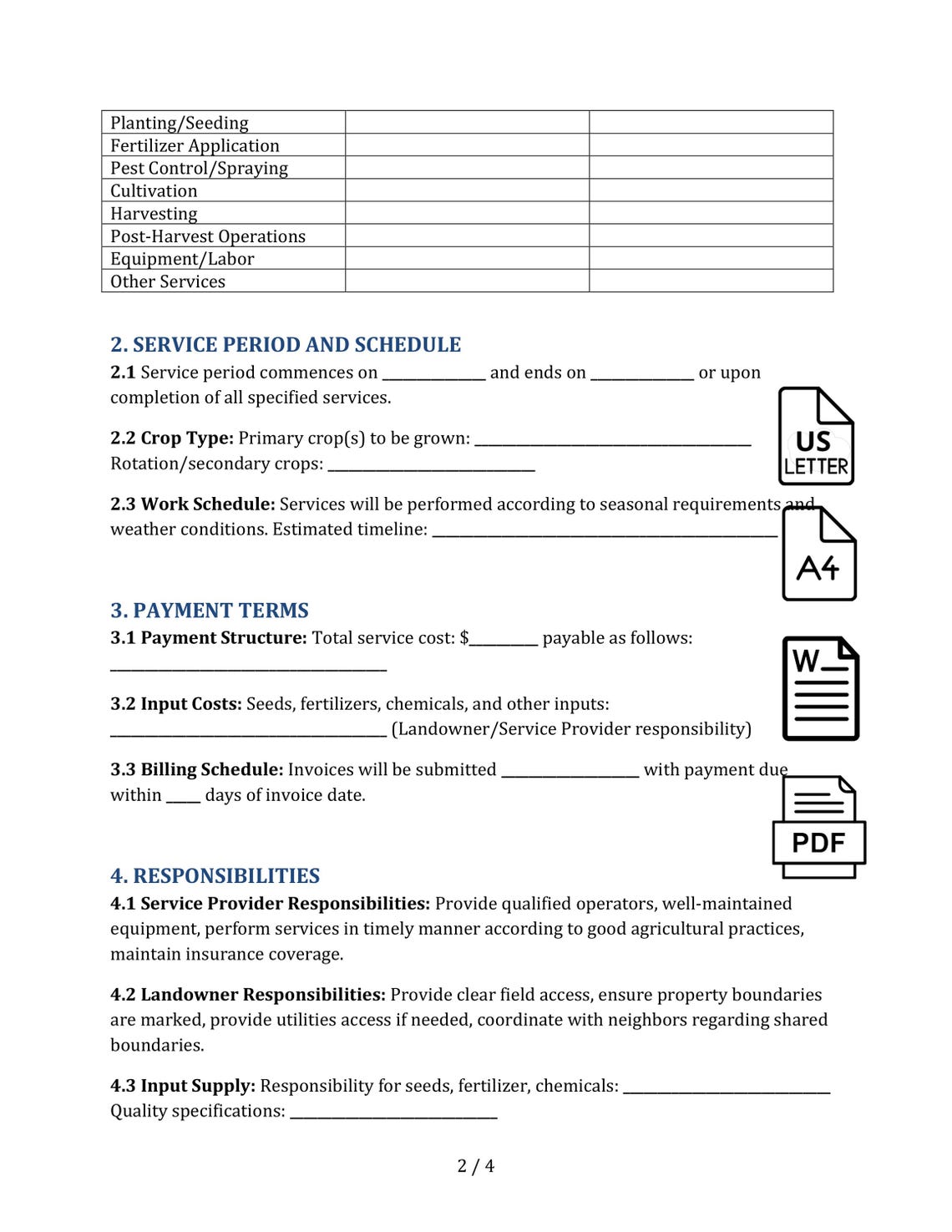 Custom Farming Service Agreement Template Word PDF - Agricultural Work ...