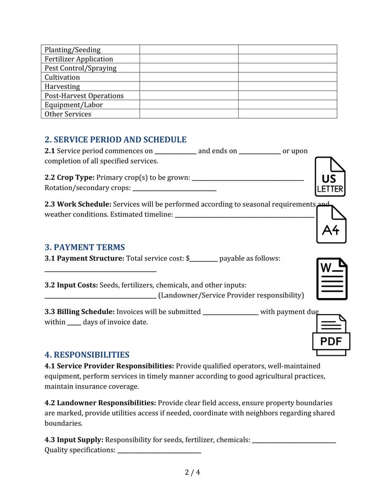Custom Farming Service Agreement Template Word PDF - Agricultural Work ...