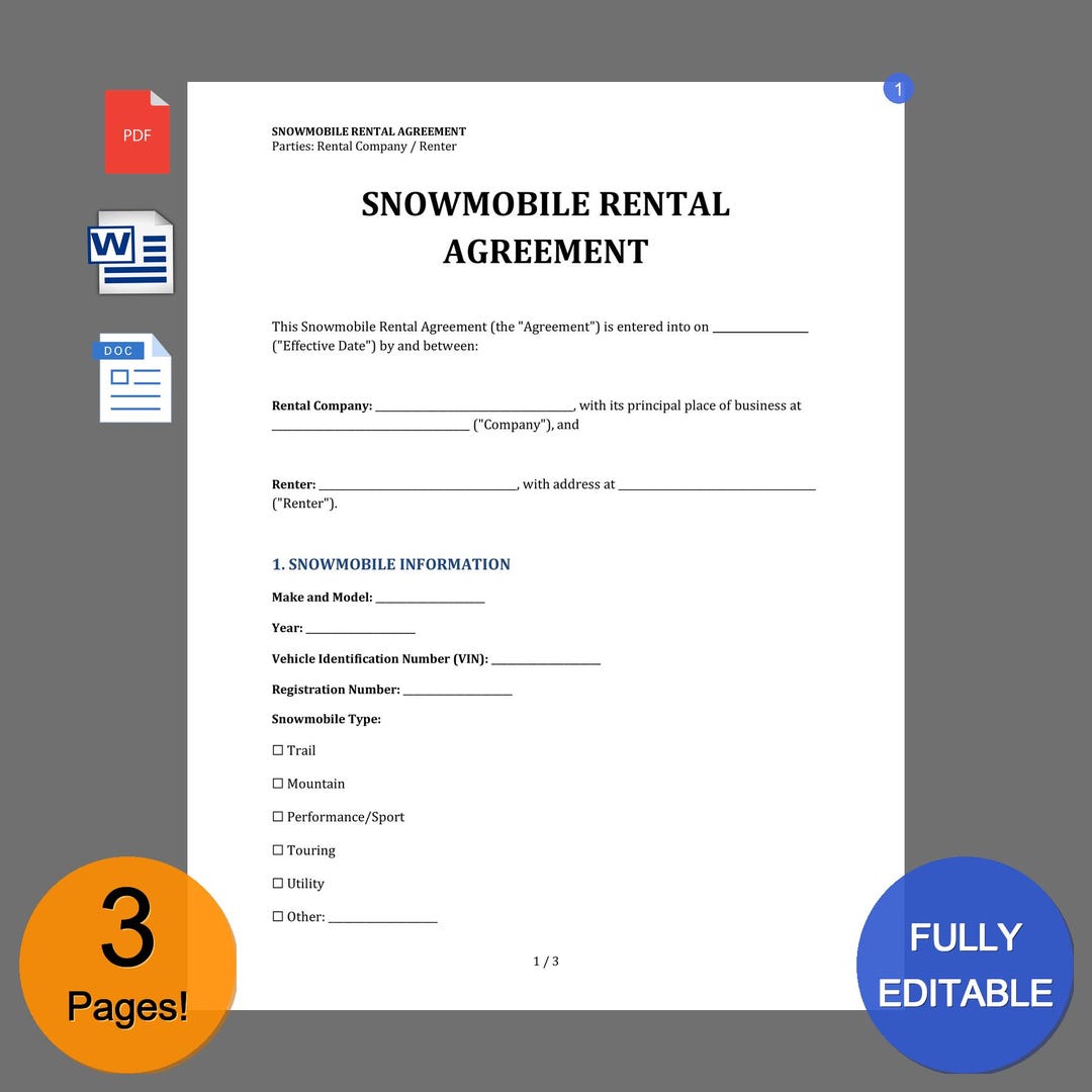 Snowmobile Rental Agreement Template - Snow Scooter/sled Contract ...