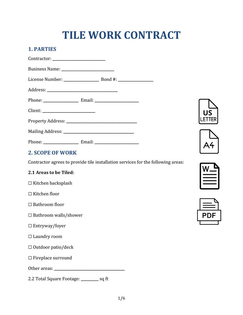 Tile Work Contract Template, Tile Installation & Flooring Work ...