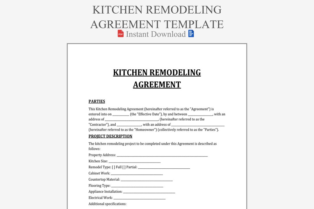 Kitchen Remodeling Agreement Template. Editable Renovation Contract ...