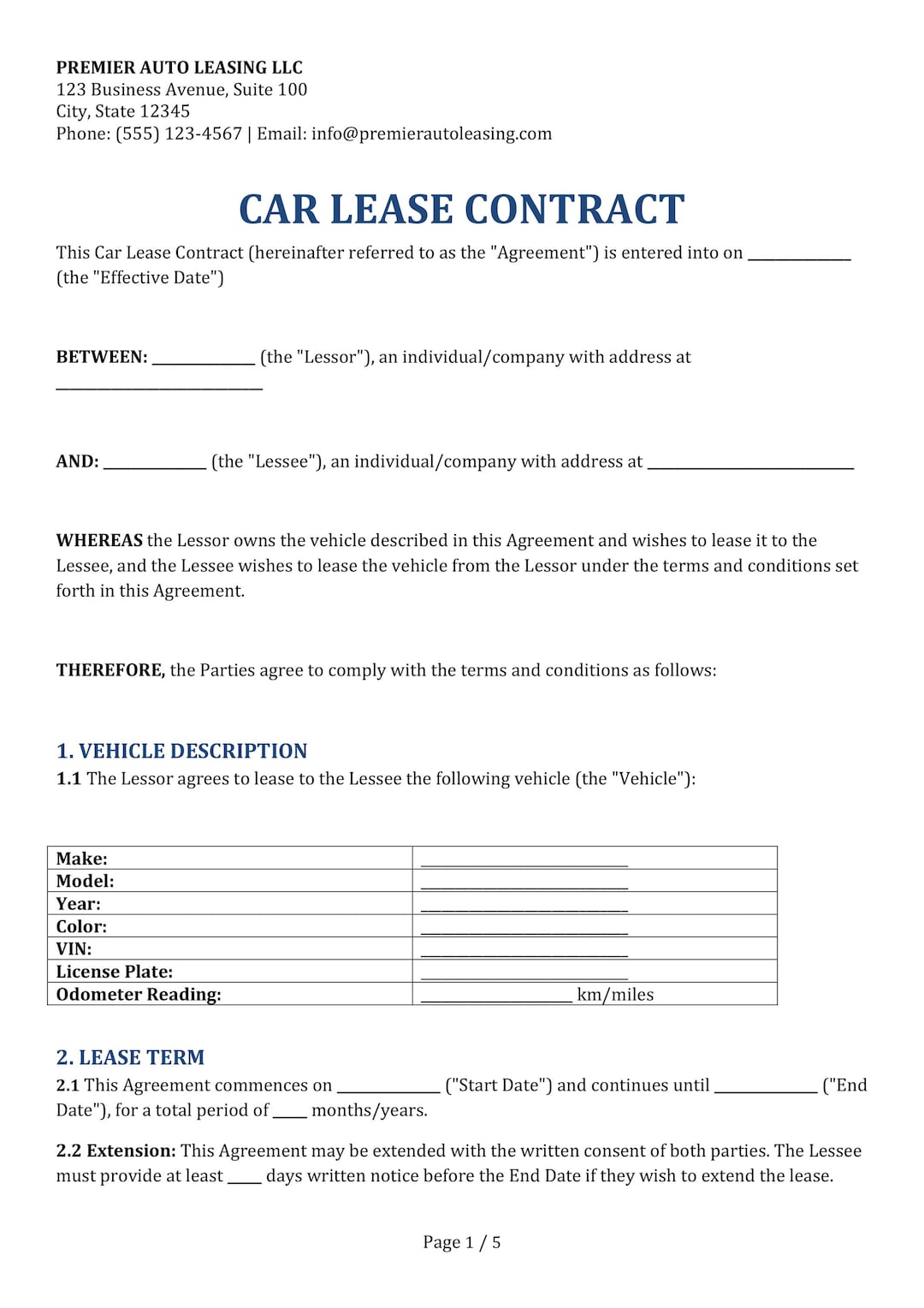 Car Lease Contract Template. Printable Vehicle Agreement. Editable Auto ...