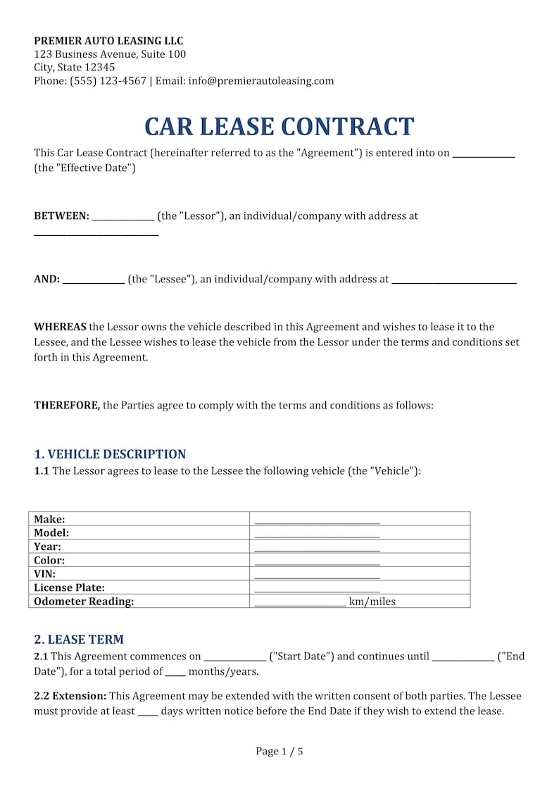 Car Lease Contract Template. Printable Vehicle Agreement. Editable Auto ...