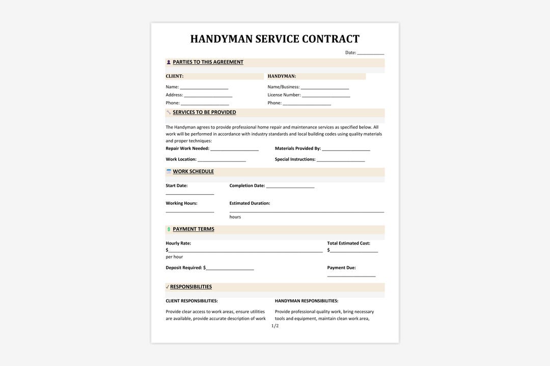 Handyman Service Contract Template | Home Repair Agreement - Etsy