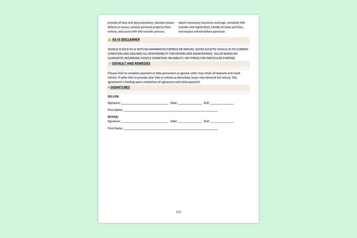 Printable Used Car Sale Agreement Template. PDF & Word Download. - Etsy