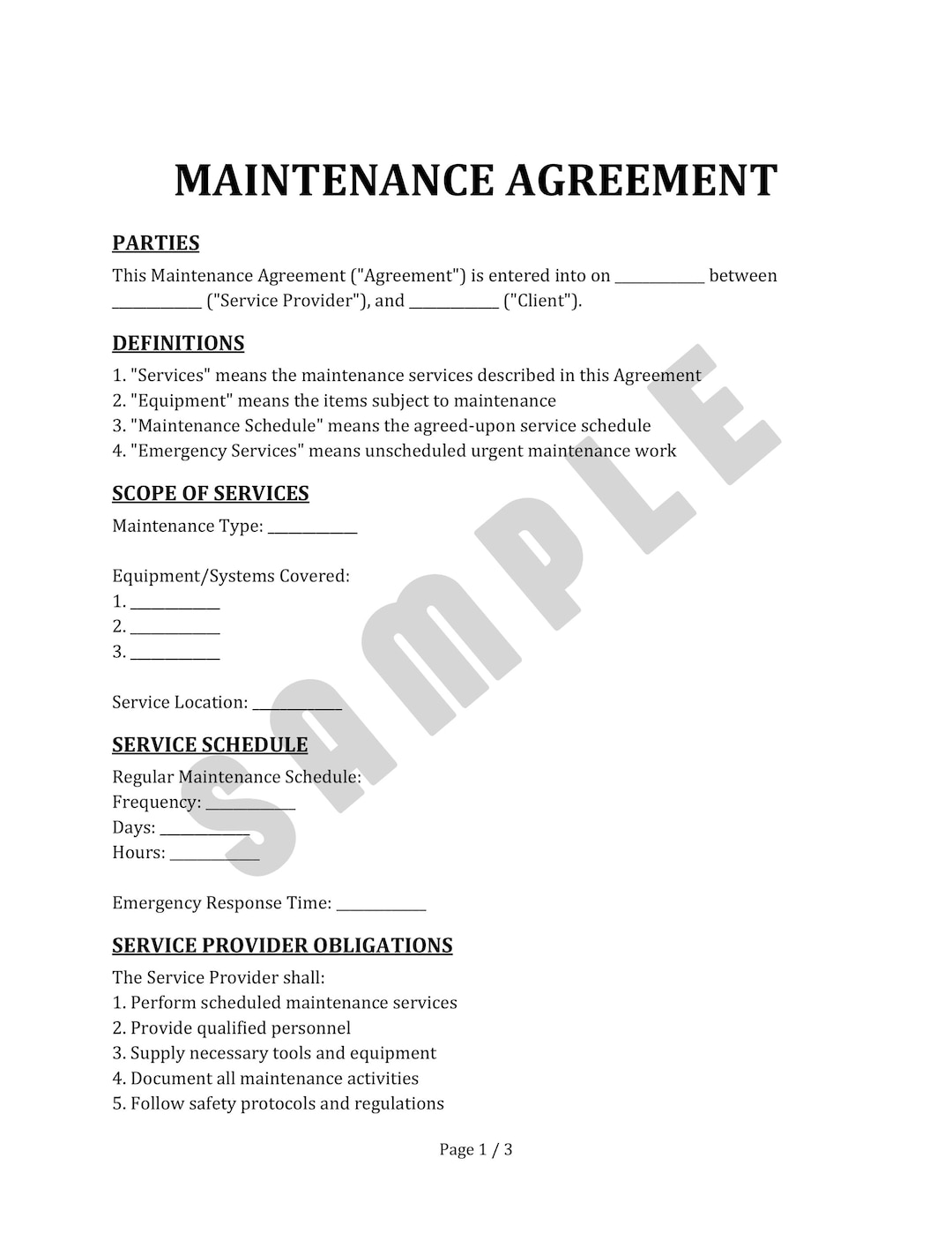 Editable Maintenance Agreement Template - Easy to Use Word & PDF ...