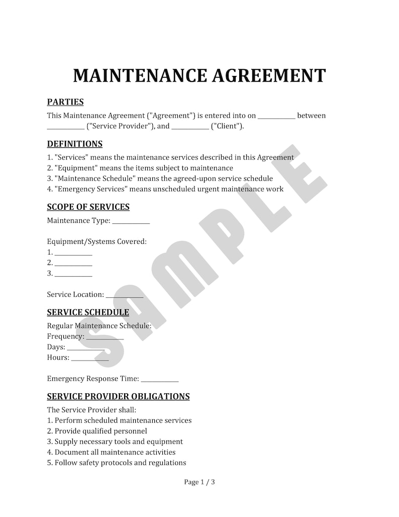 Editable Maintenance Agreement Template - Easy to Use Word & PDF ...