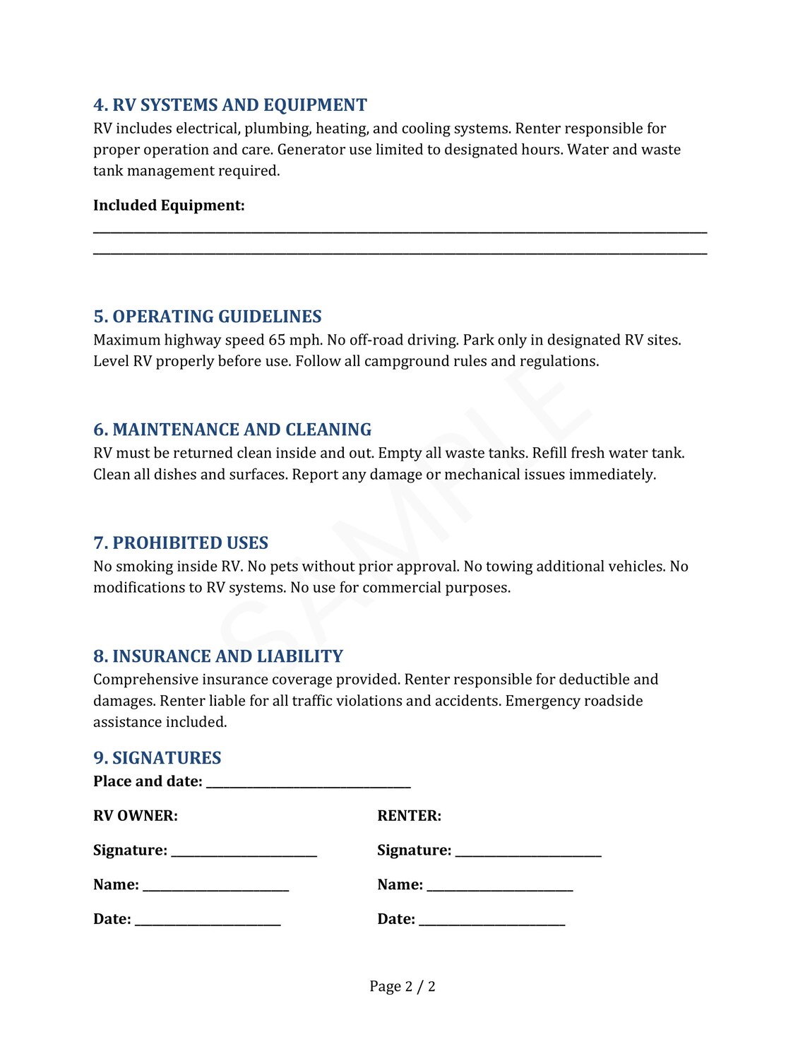 Simple RV Rental Contract Template. Printable Camper Rental Agreement ...