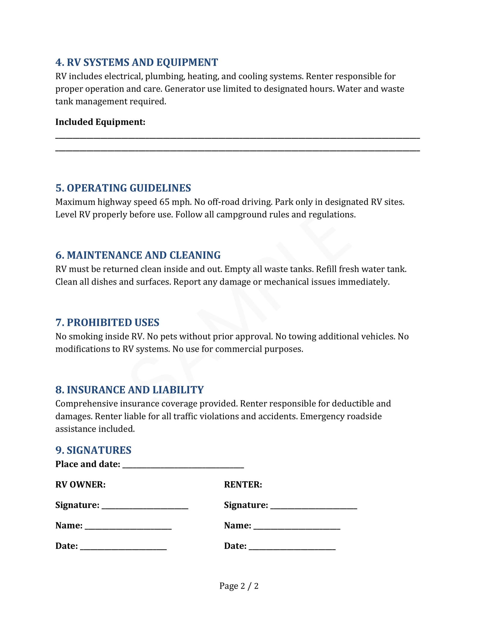 Simple RV Rental Contract Template. Printable Camper Rental Agreement ...