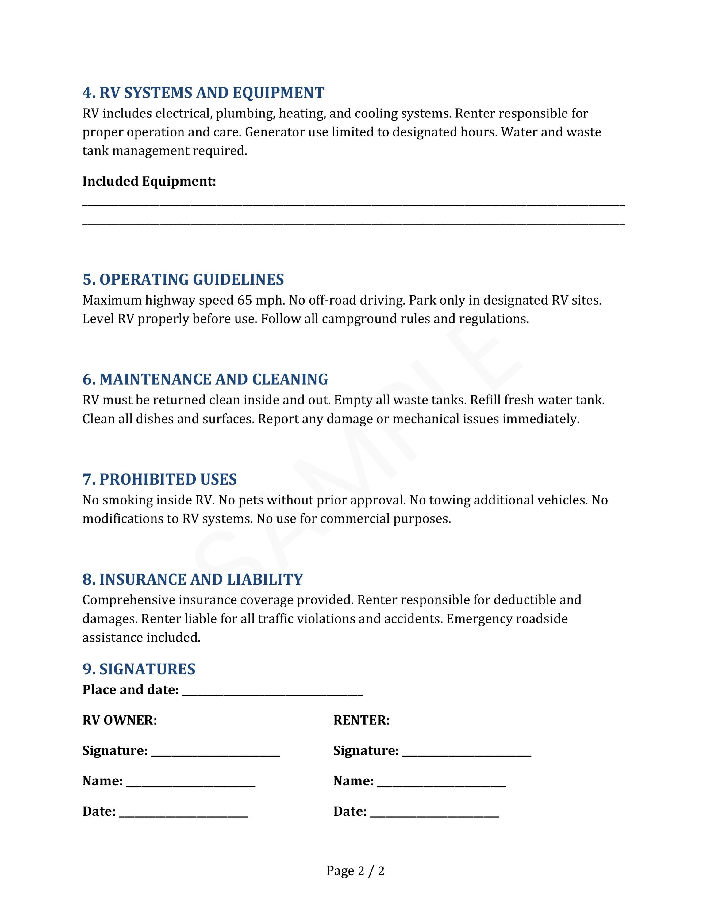 Simple RV Rental Contract Template. Printable Camper Rental Agreement ...
