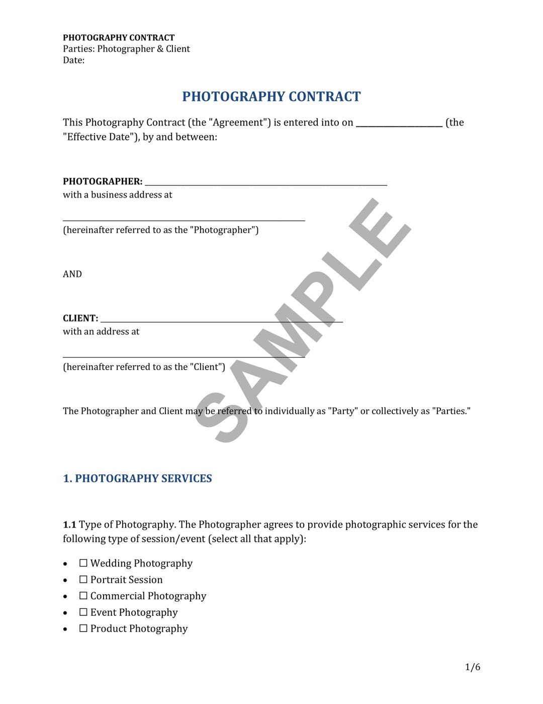 Editable Photography Contract Template - Easy to Use Word & PDF ...