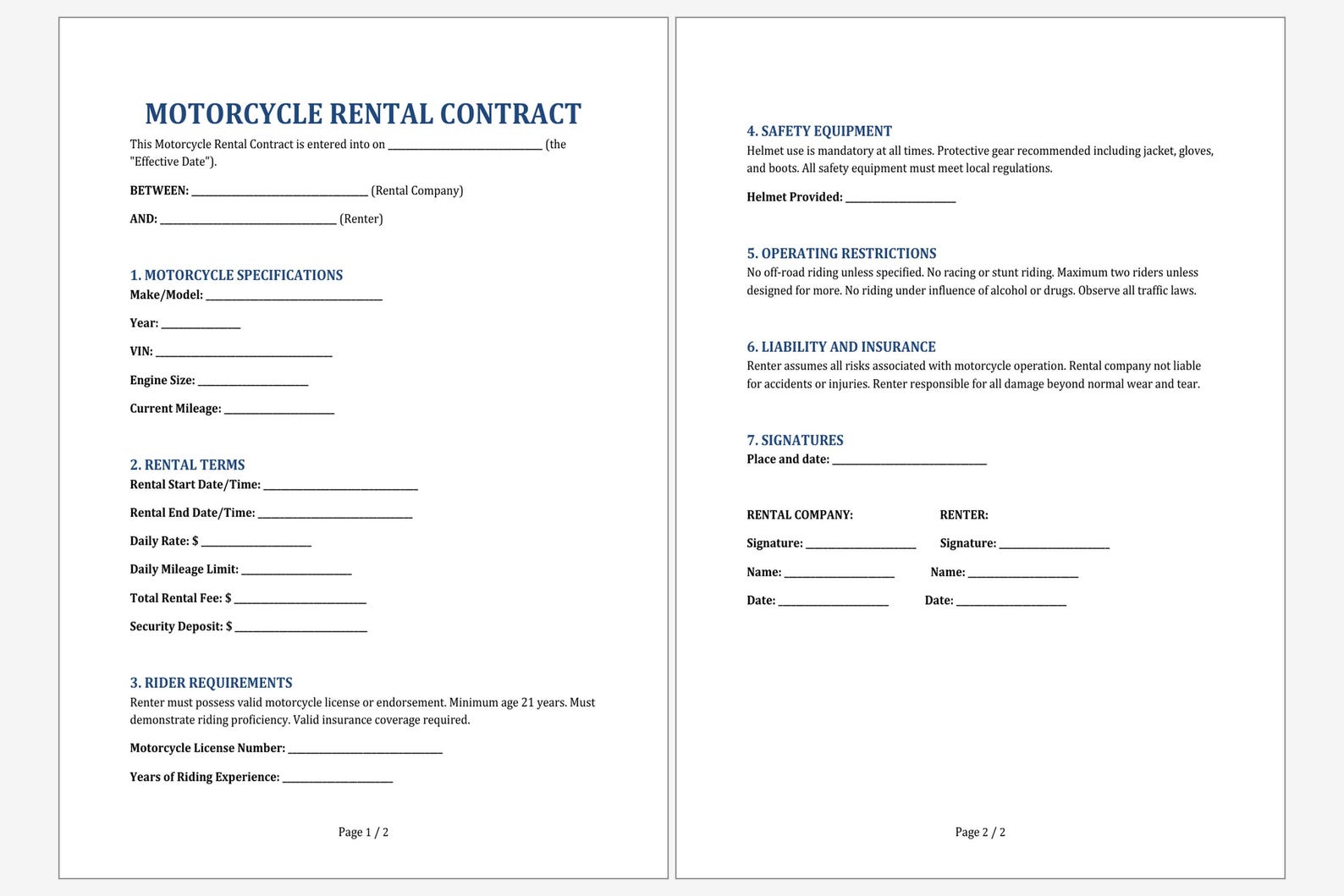 Simple Motorcycle Rental Contract Template. Printable Bike Rental ...