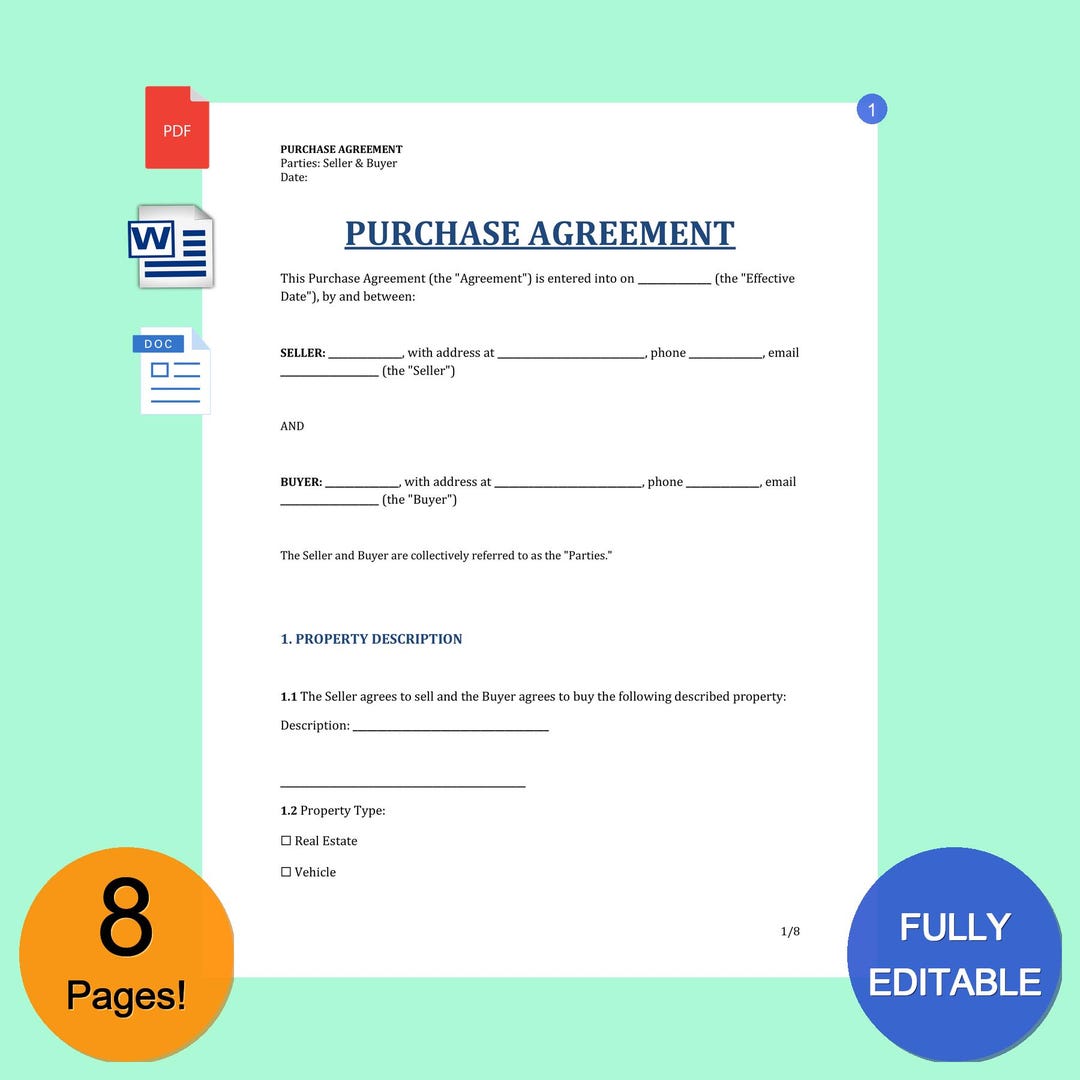 Purchase Agreement Template. Fully Editable Purchase and Sale Contract ...