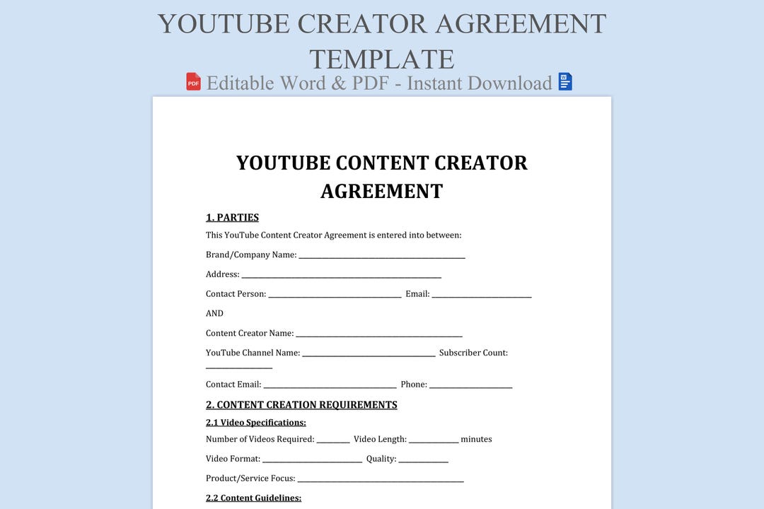 Youtube Creator Contract Template - Youtube Content Contract, Creator ...