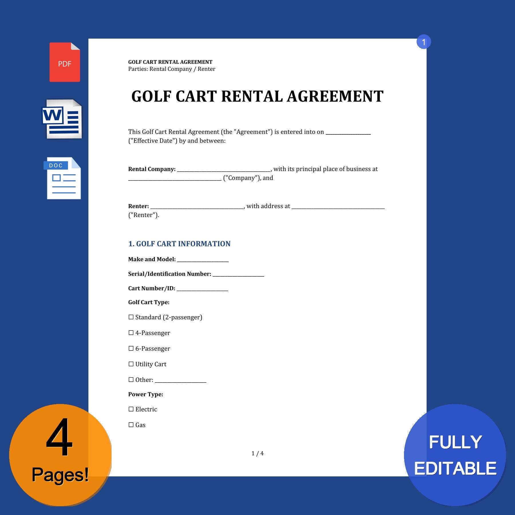 Golf Cart Rental Agreement Template - Golf Vehicle/buggy Renting - Etsy