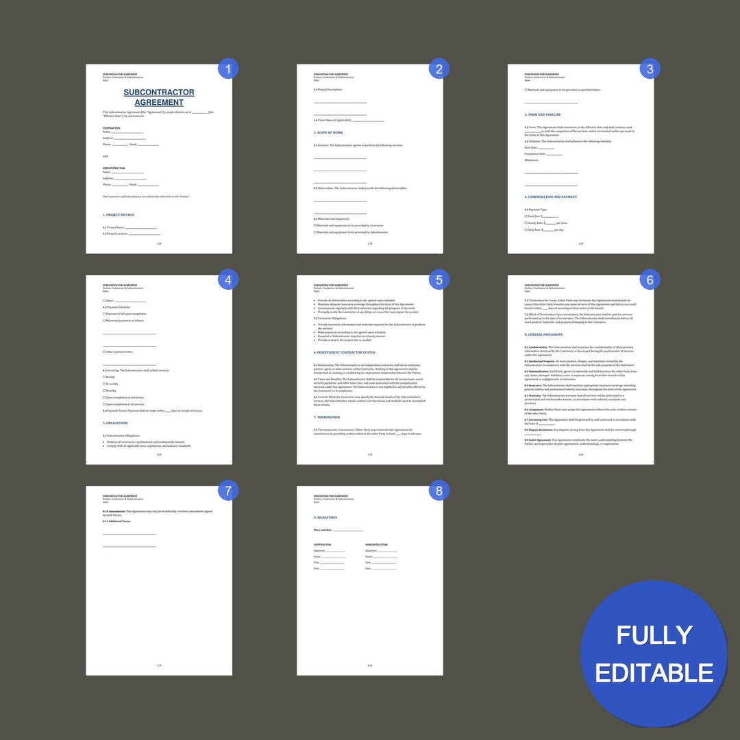 Subcontractor Agreement Template - PDF & Word Download - Etsy