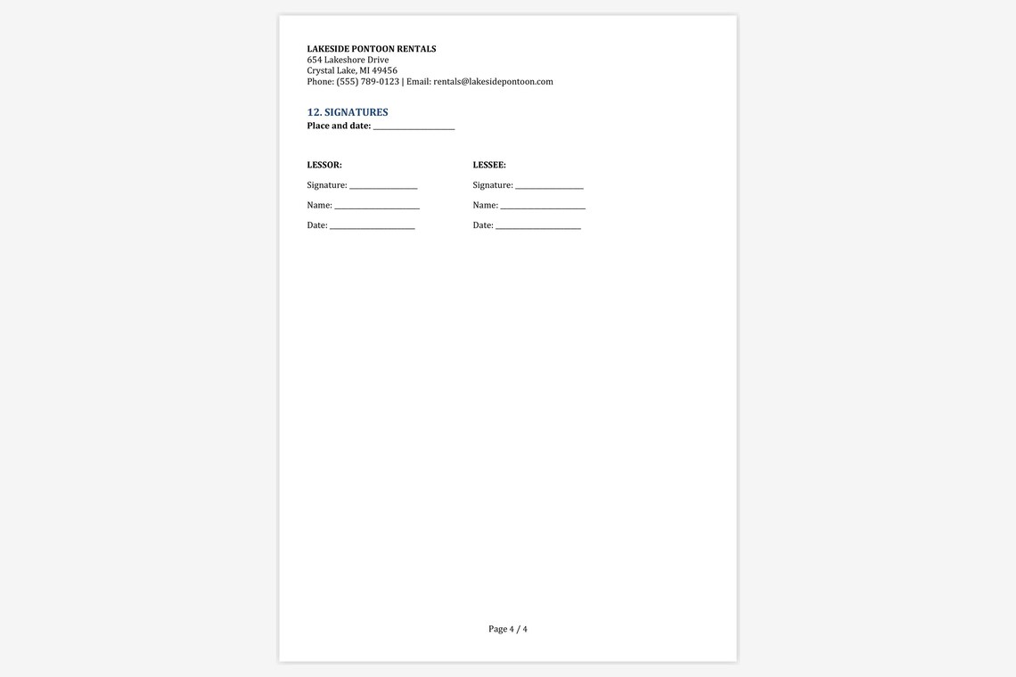 Pontoon Boat Rental Agreement Template. Printable Party Barge Lease ...