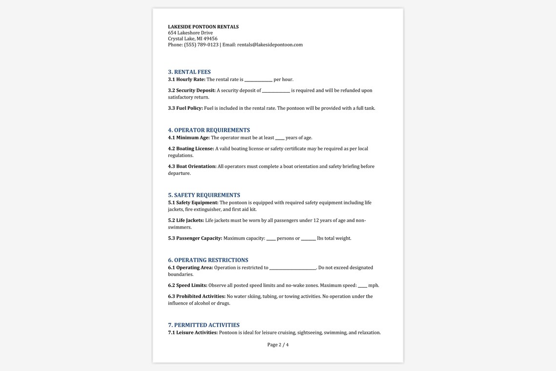 Pontoon Boat Rental Agreement Template. Printable Party Barge Lease ...