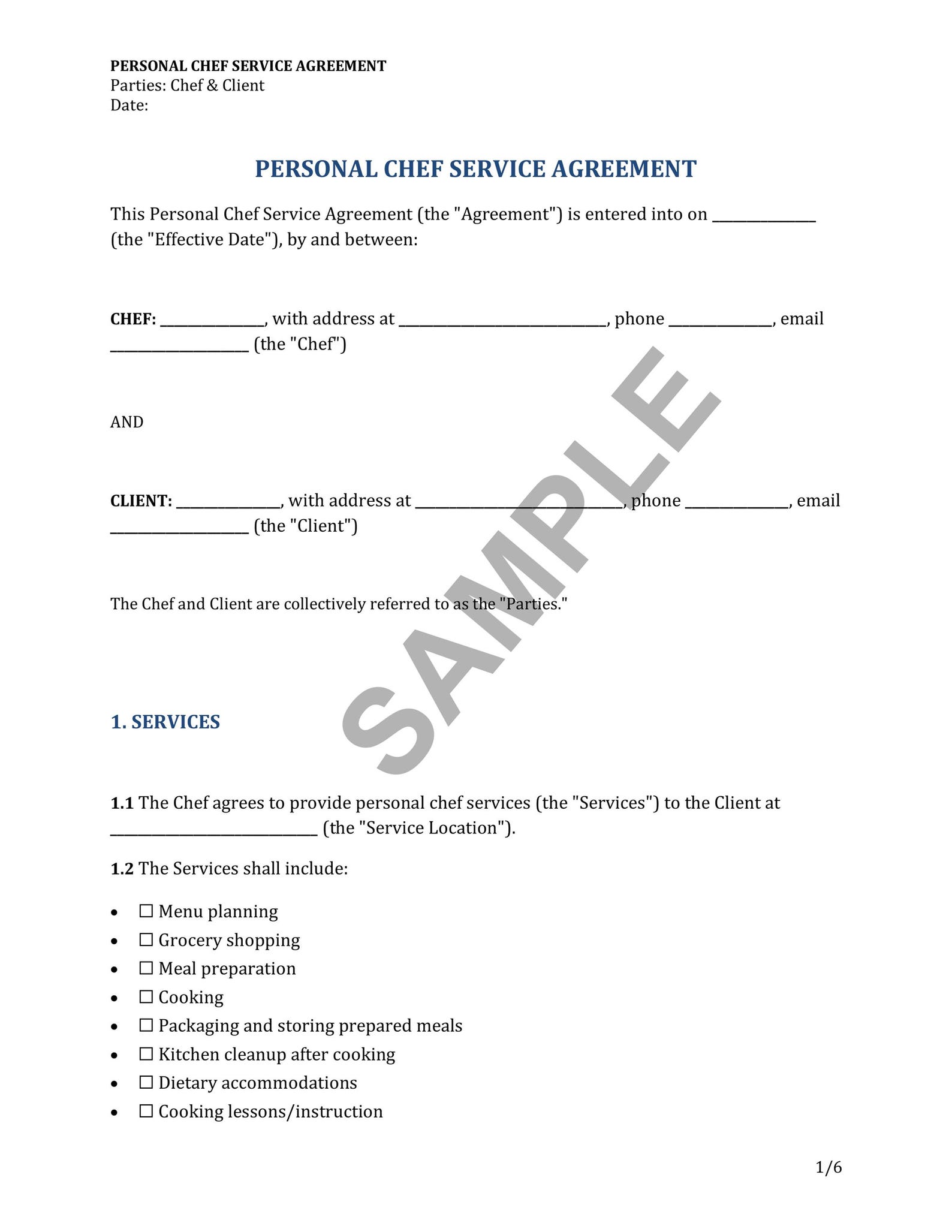 Personal Chef Contract | Editable Word & PDF | Meal Prep Service ...